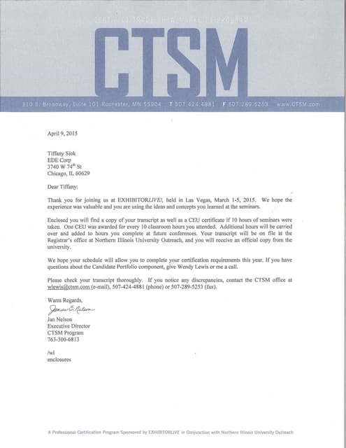 CTSM - certificate of completion - Exhibitor 2016 | PDF