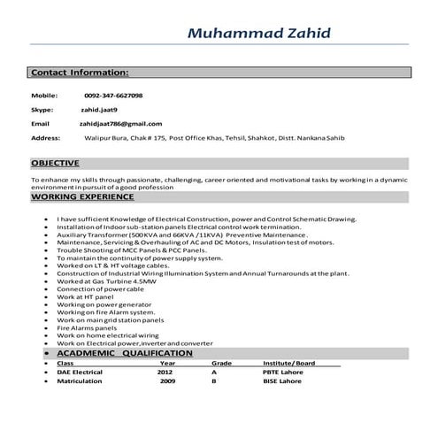 cv Muhammad Zahid | DOCX