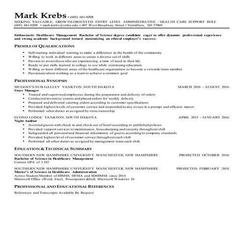 Entry level healthcare management resume | DOCX