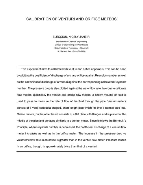 Fluid Mechanic Lab - Venturi Meter | PDF