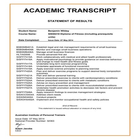 Diploma of Fitness SIS50210 AIPT Transcript P1 | PDF