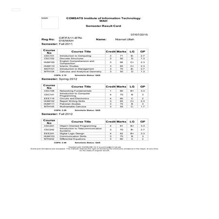 Student Result Card _ CIIT Virtual Campus | PDF