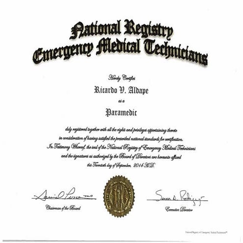 Ricardo Aldape National Registry Paramedic | PDF