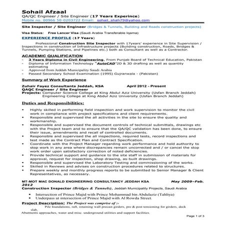Sohail Afzaal CV for Site Engineer | DOC