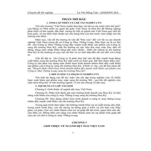 1 chuyên đề hoạch định chiến lược kinh doanh nhằm đẩy mạnh xuất khẩu sản phẩm của công ty may ...