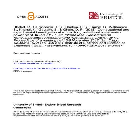 1 Computational And Experimental Investigation Of Runner For Gravitational Water Vortex Power