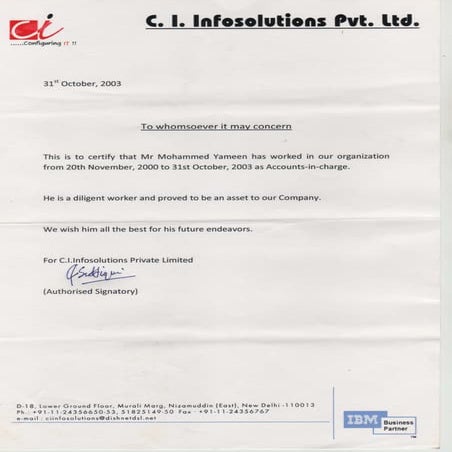 C.I. Experience Certificate | PDF