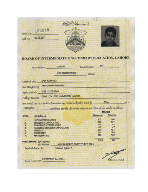 Matriculation Certificate | PDF