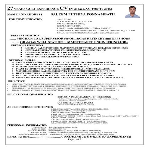 SUPERVISOR CV for ONSHORE and OFFSHORE MECHANICAL, MANTENANCE ...