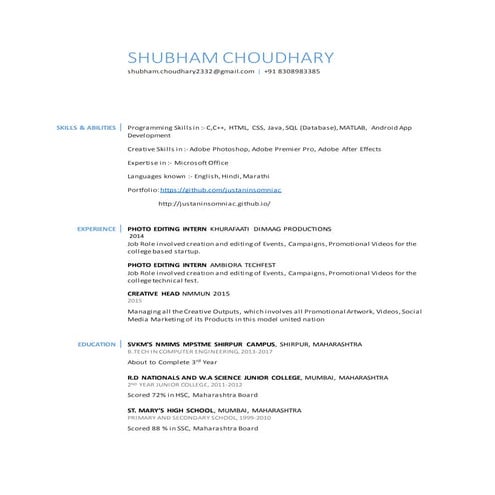 CV_Shubham Choudhary | DOCX | Photo Editing Software | Computer Software and Applications