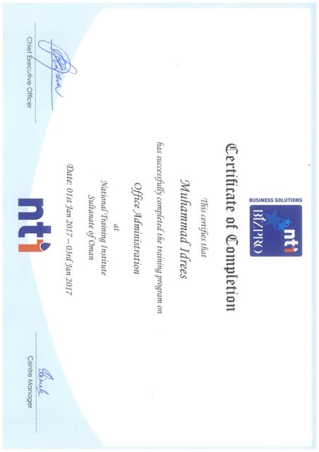 Certificate (Office Administration - Muhammad Idrees) | PDF Certificate (Office Administration - Muhammad Idrees) | PDF