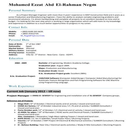 Mohamed Ezzat - curriculum vitae | PDF | Civil Engineering Industry | Industries