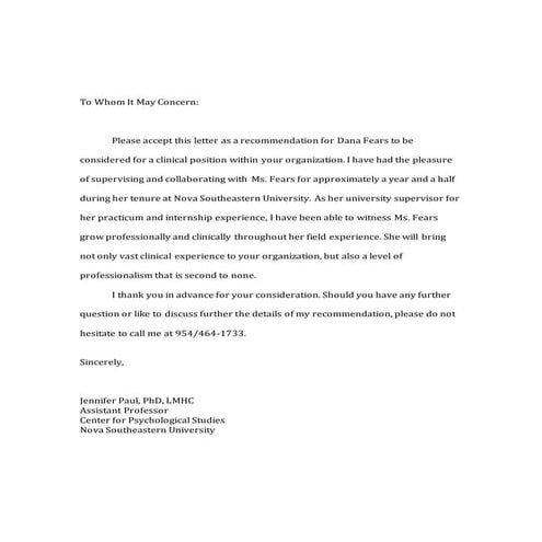 Recommendation Letter- Psychology Professor | DOCX