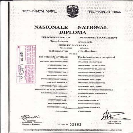 Natal Technikon Certificate | PDF