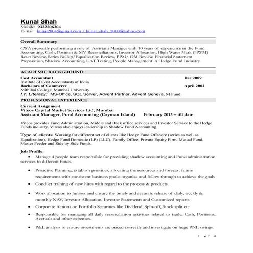 Kunal shah_cv | DOC | Hedge Funds | Personal Investing