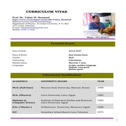 CV for Talaat M. Hammad | PDF | Chemistry | Science