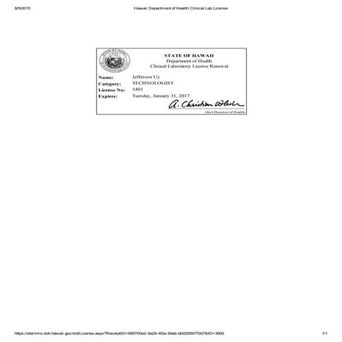 Hawaii Department of Health Clinical Lab License | PDF