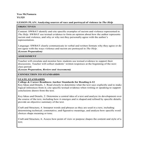 Lesson Plan 3 - Analyzing Sources of Race and Portrayal of Violence | PDF