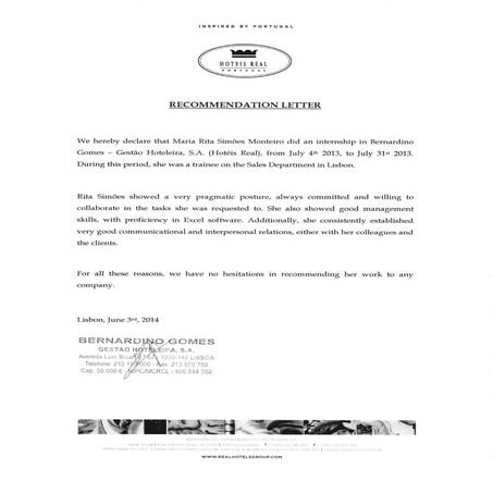 Recommendation letter - Hoteis Real | PDF