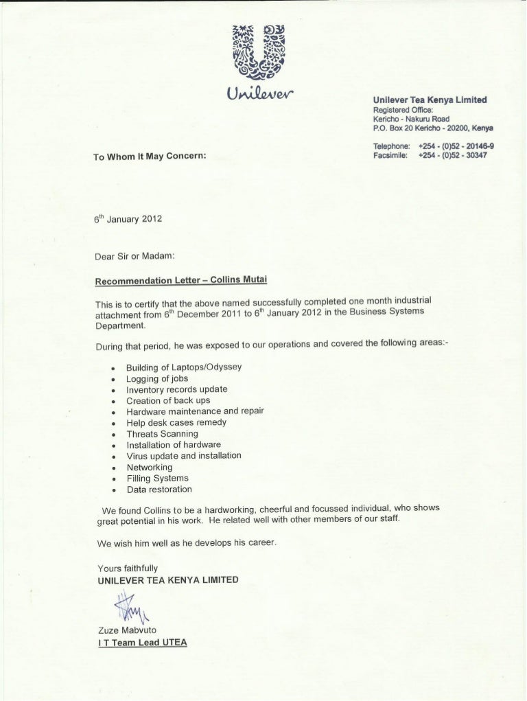 Unilever Tea Kenya Recommendation Letter