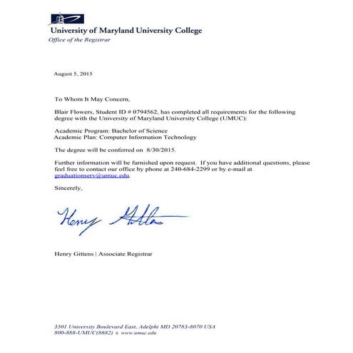 Blair Flowers Letter of Graduation with Bachelor of Science in Computer ...