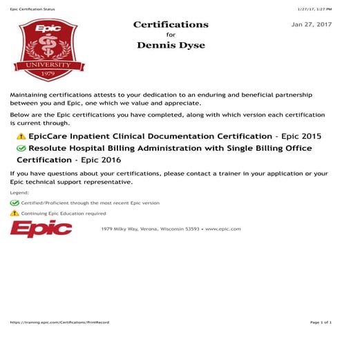 Epic Certification Status | PDF