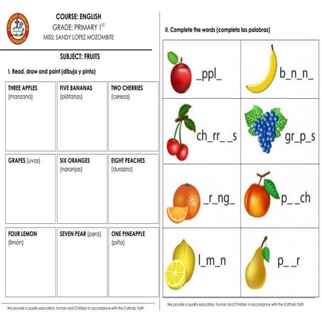 1ERO FRUITS y números. ficha de ingles docx | DOCX