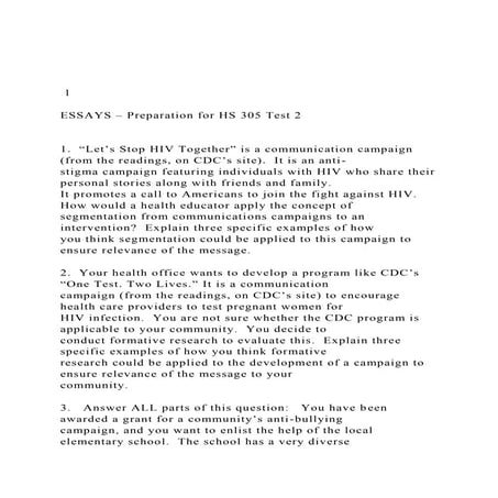 1 ESSAYS – Preparation for HS 305 Test 2 1. Let.docx