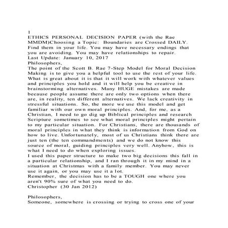 1 ethics personal decision paper (with the rae mmdm)choosing a to | DOCX