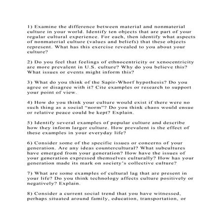 1) Examine the difference between material and nonmaterial culture i.docx