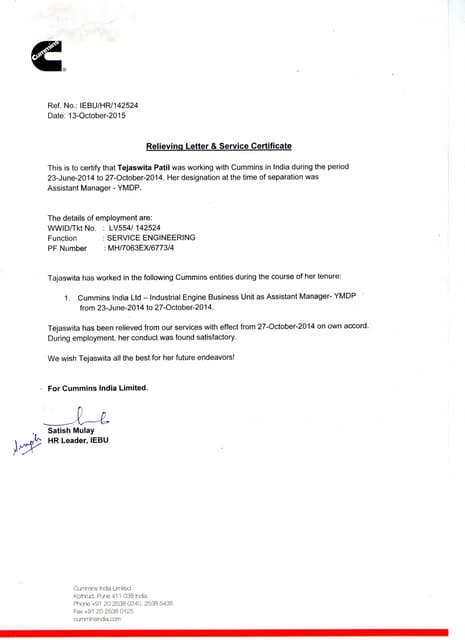 tcs experience letter | PDF