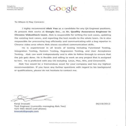 Letter of Recommendation (Google Inc) | PDF