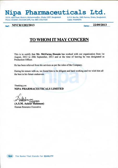 Q.C Engineer Experience Certificate from Techshore | PDF