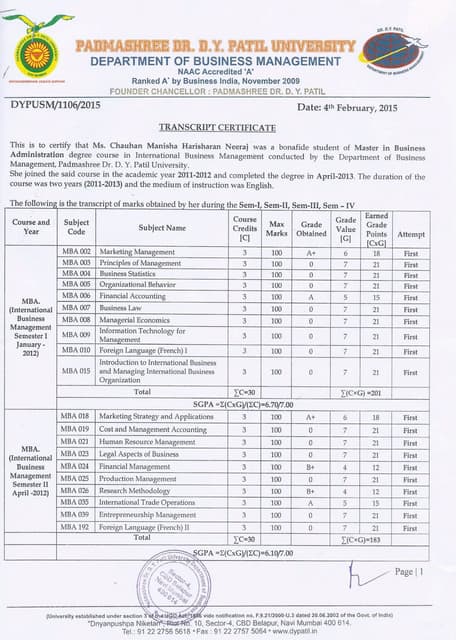 Transcript Format Mumbai University