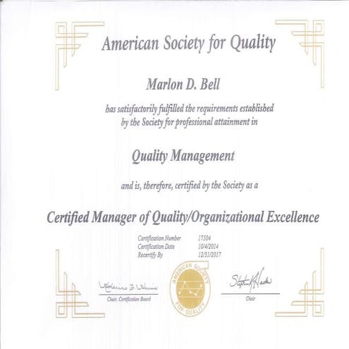 Certified Manager of Quality Org Excellence Certificate | DOC