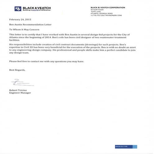 Ben Austin Black & Veatch Recommendation Letter | PDF