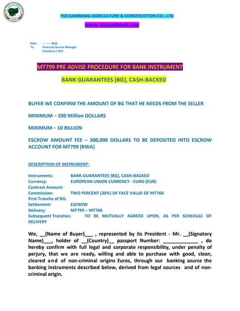 Sample Bank Letter MT799 760 | PDF