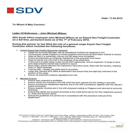 SDV LETTER OF REFERENCE 1 | PDF