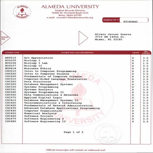Almeda Transcripts for Bachelors of Science | PDF