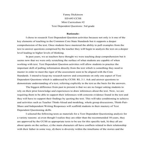 3rd grade Text Dependent Questions lesson plan | DOC