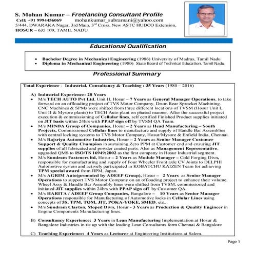 S.Mohan Kumar - Consultant Profile 2016 - R02 | PDF