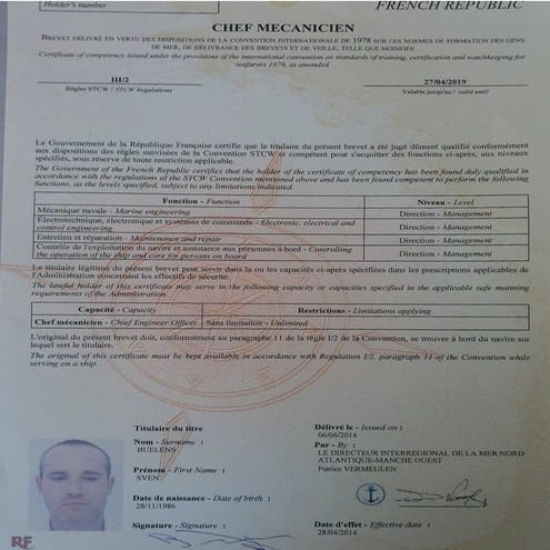 Unlimited chief eng license BUELENS Sven | PDF