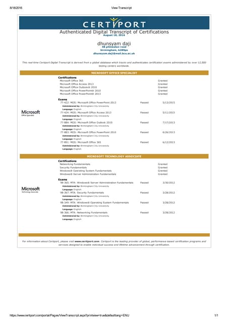 Microsoft Office Specialist Transcript | PDF