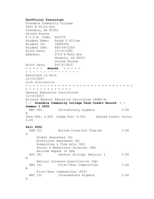 Unofficial trascript | PDF