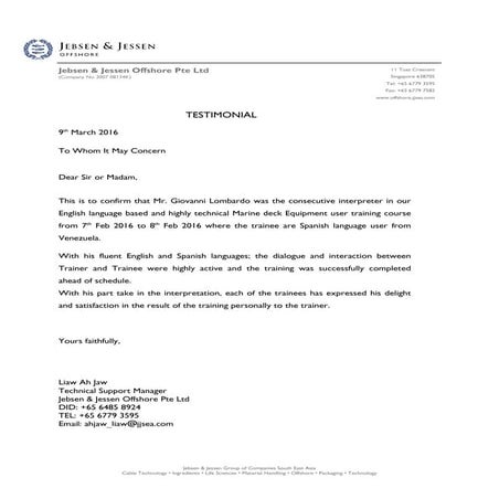 Testimonial signed by Jebsen & Jessen Offshore | PDF