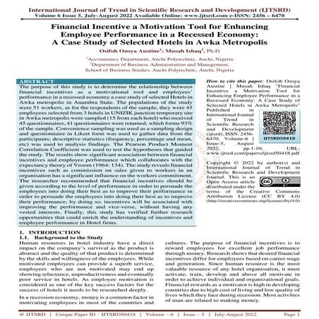 Financial Incentive a Motivation Tool for Enhancing Employee Performance in a Recessed Economy A ...