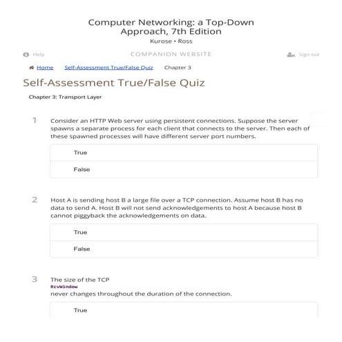 Self assessment true-false Quiz: Chapter 3 - Computer Networking a top ...