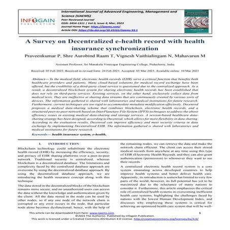 A Survey on Decentralized e-health record with health insurance synchronization | PDF