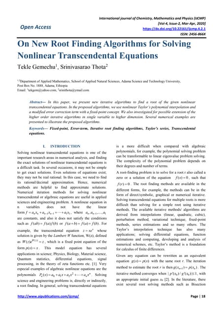 On New Root Finding Algorithms for Solving Nonlinear Transcendental ... On New Root Finding Algorithms for Solving Nonlinear Transcendental ...