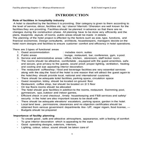 introduction to hotel facility planning : planning of hotels | DOCX